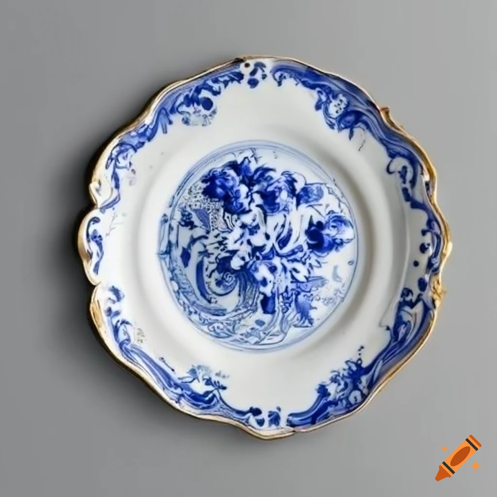 White and blue rococo plate with relief design on Craiyon
