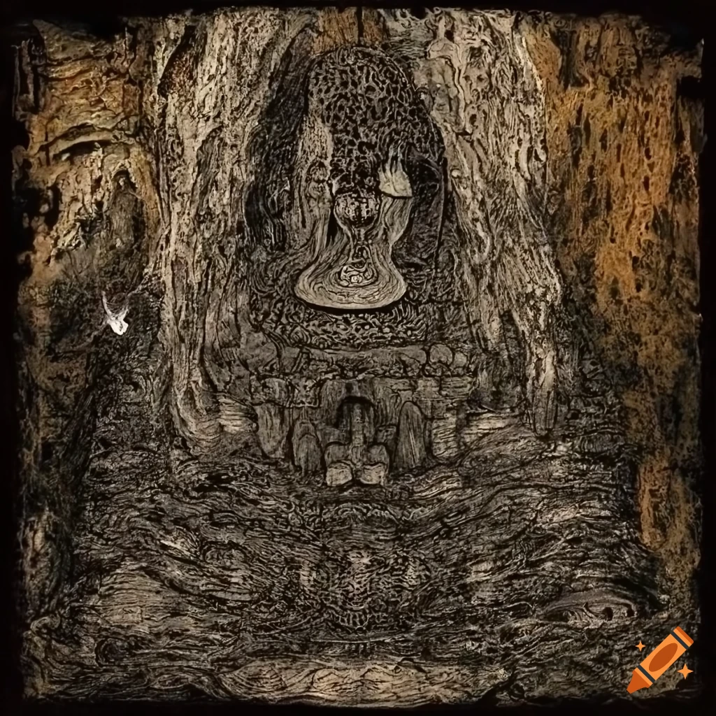 Dark and mystical artwork of a cave with twisted trees and occult ...