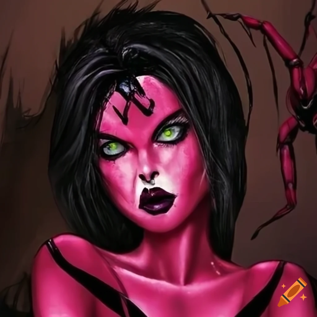 Pink widow spider-woman with black hair and green eyes