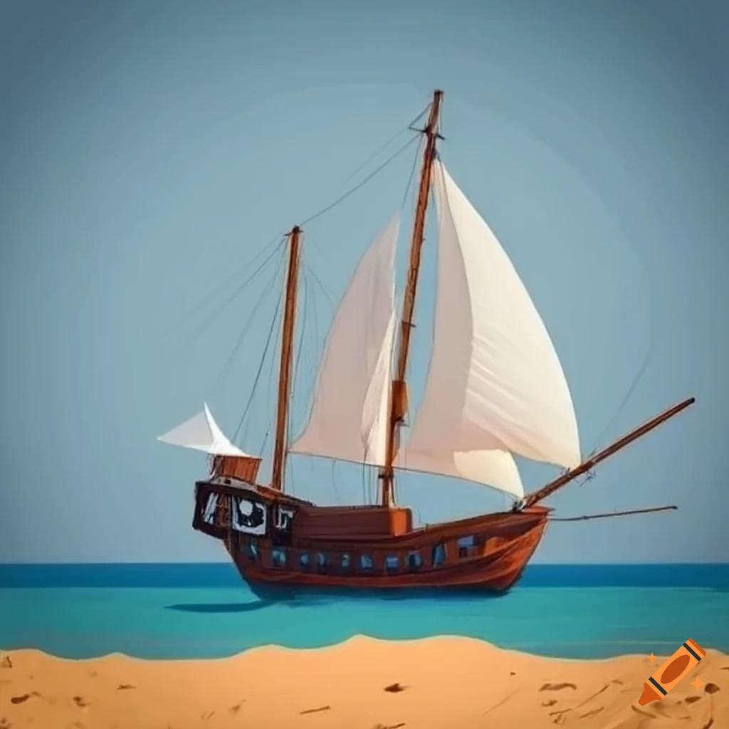 Profile of a small pirate ship on a sunny beach