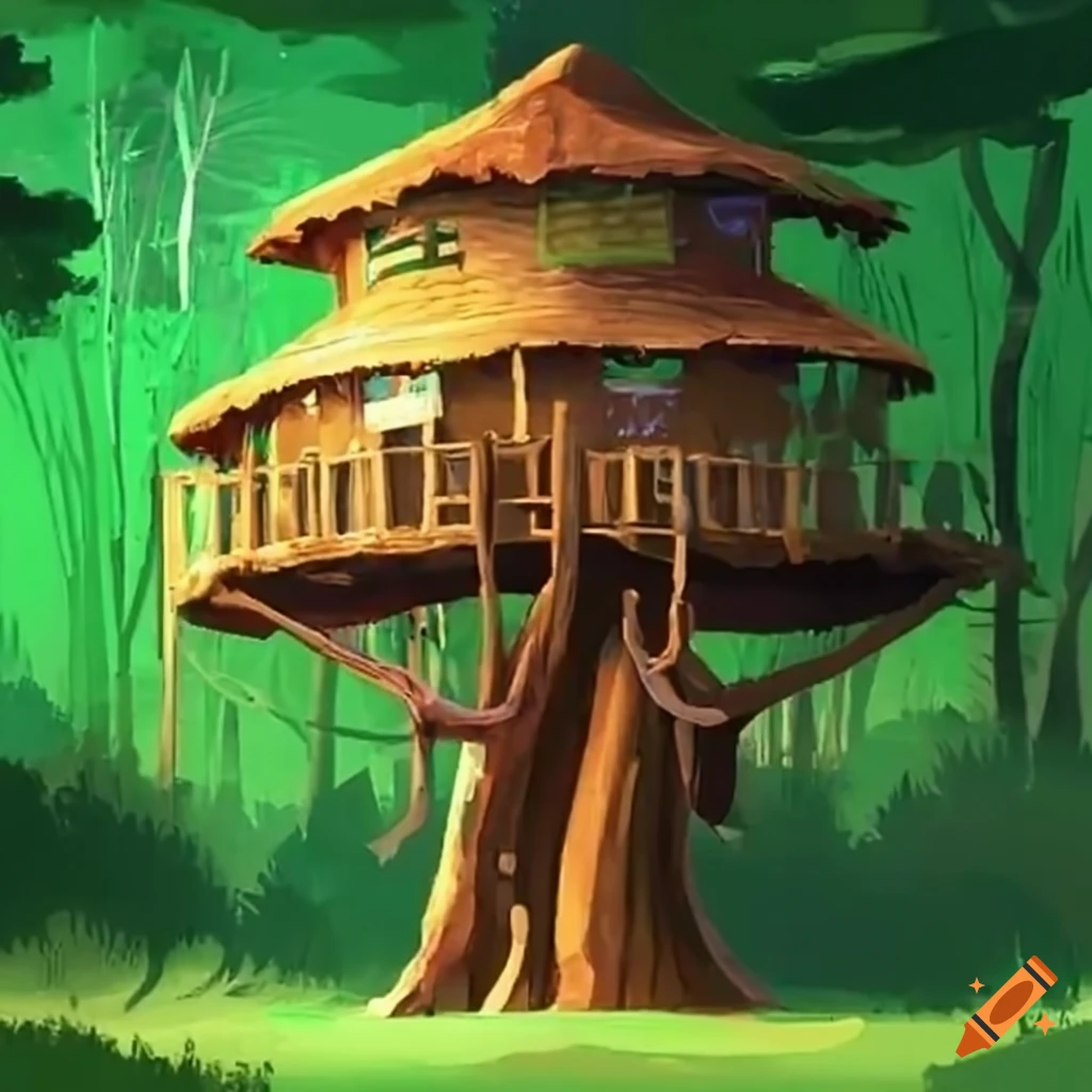 Big oak tree house with dwarfs in a realistic 3d setting on Craiyon