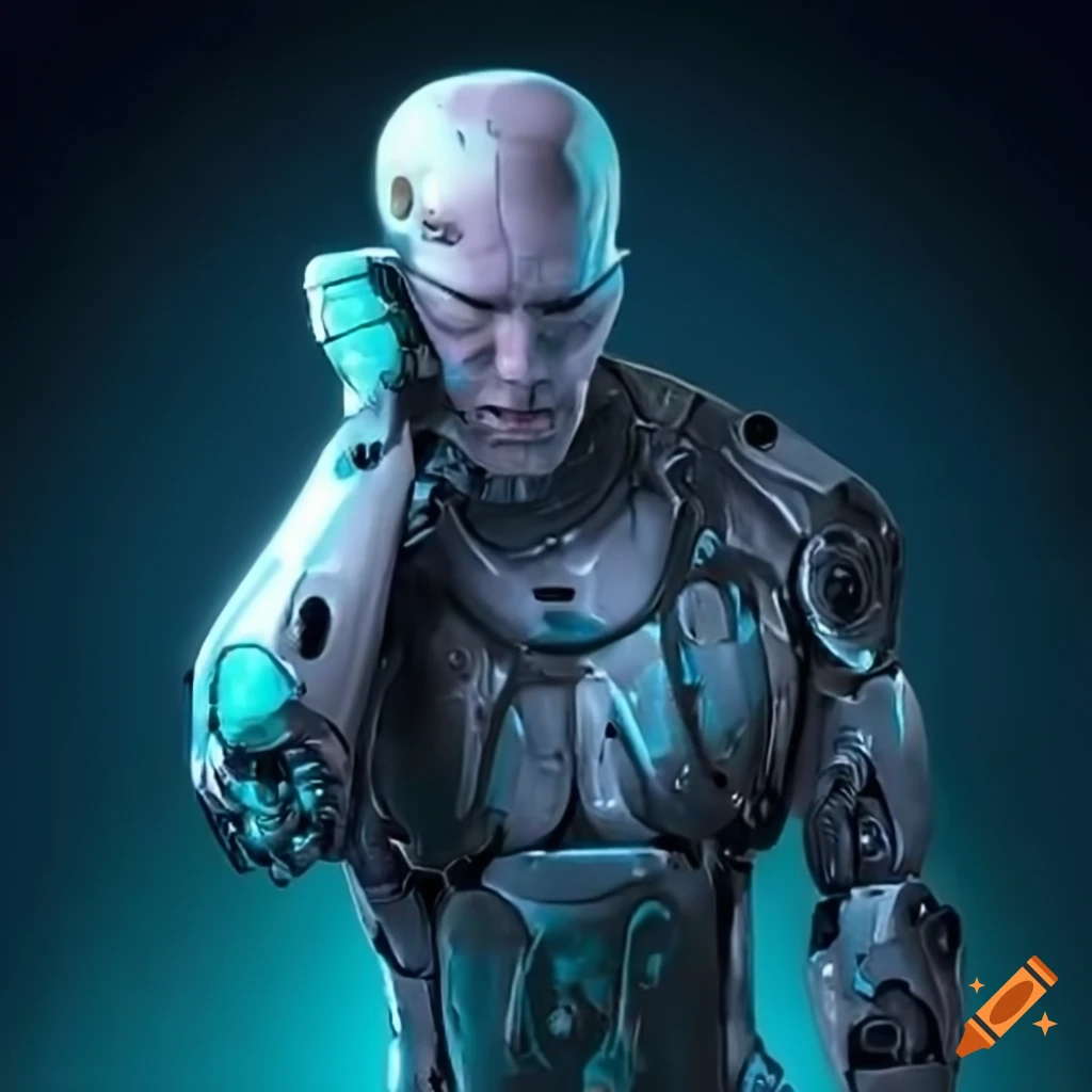 Cyborg doctor resting his head on his fist