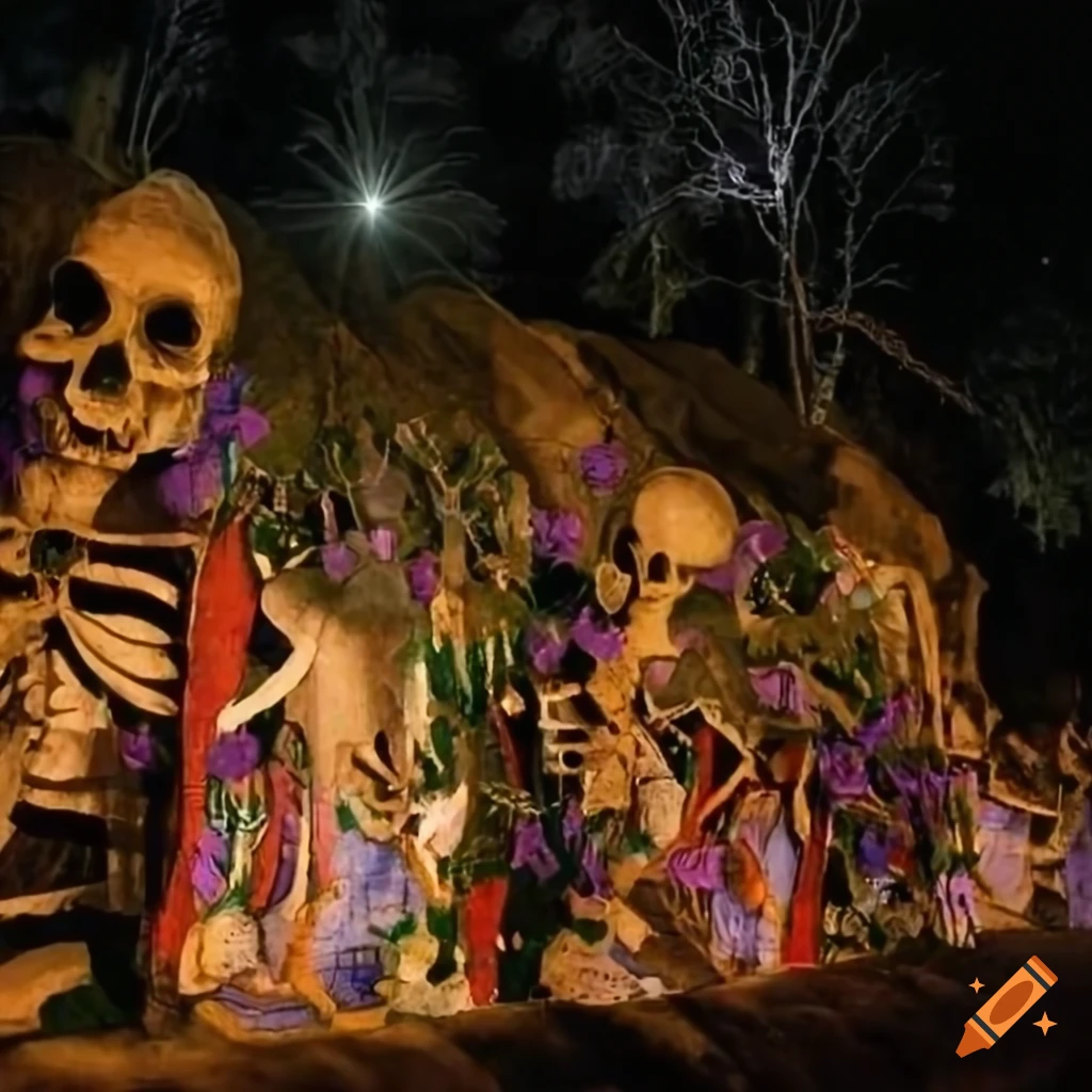 Artistic depiction of skeleton parade in a forest village on Craiyon