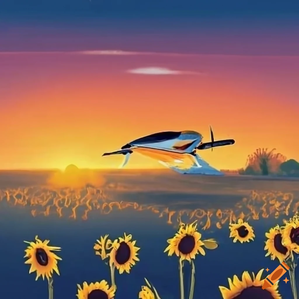 Surreal painting of a flying car and sunflowers on Craiyon
