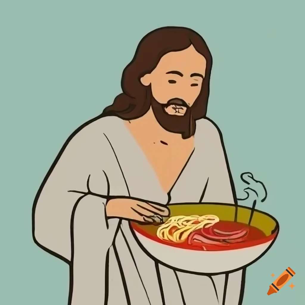 Drawing of Jesus enjoying a bowl of ramen on Craiyon