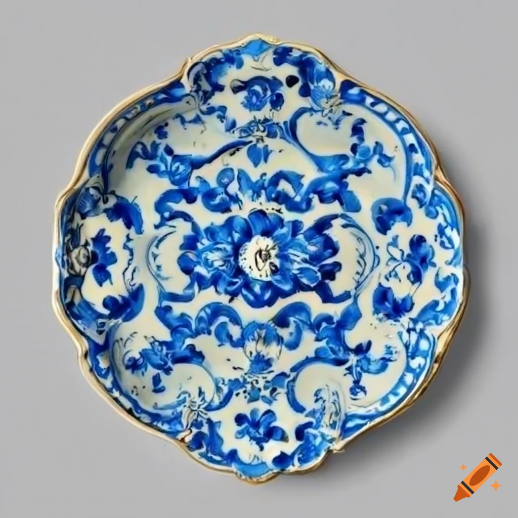 Rococo plate with white and blue flower patterns