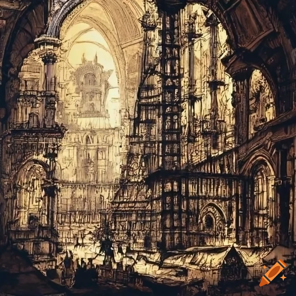 Scaffolding-covered cathedral city inspired by Warhammer 40k on Craiyon