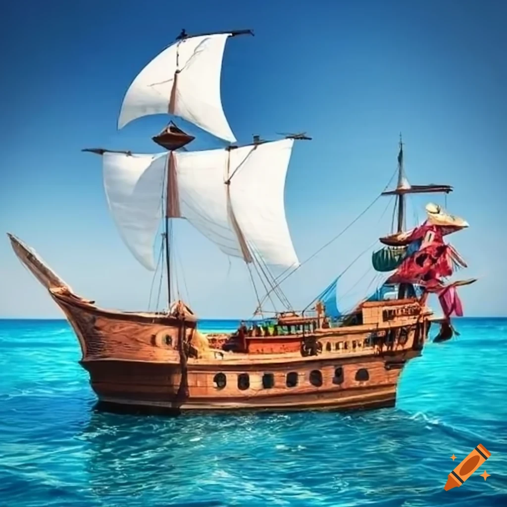 Profile of a pirate ship on a sunny beach