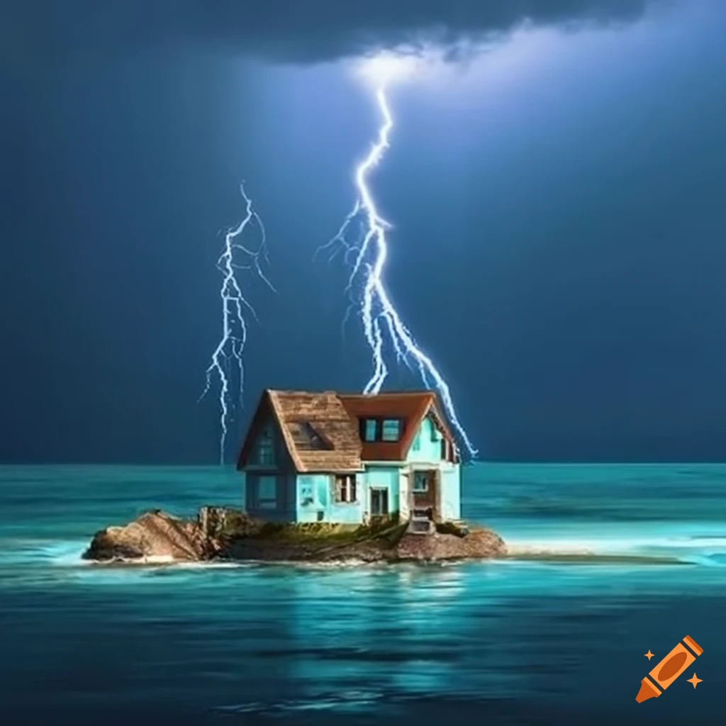 Image of a house on an island with lightning striking the ocean on Craiyon