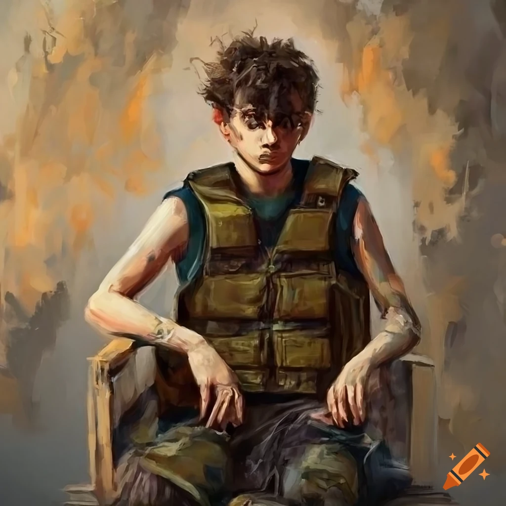 Post apocalyptic oil painting of a young man in bulletproof vest on Craiyon