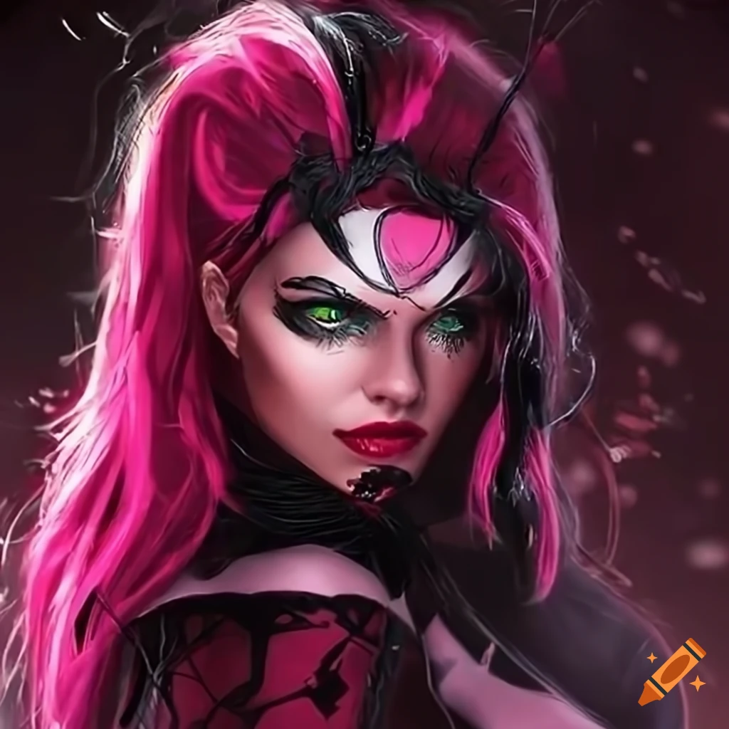 Close-up of a pink widow spider with black hair and green eyes on Craiyon