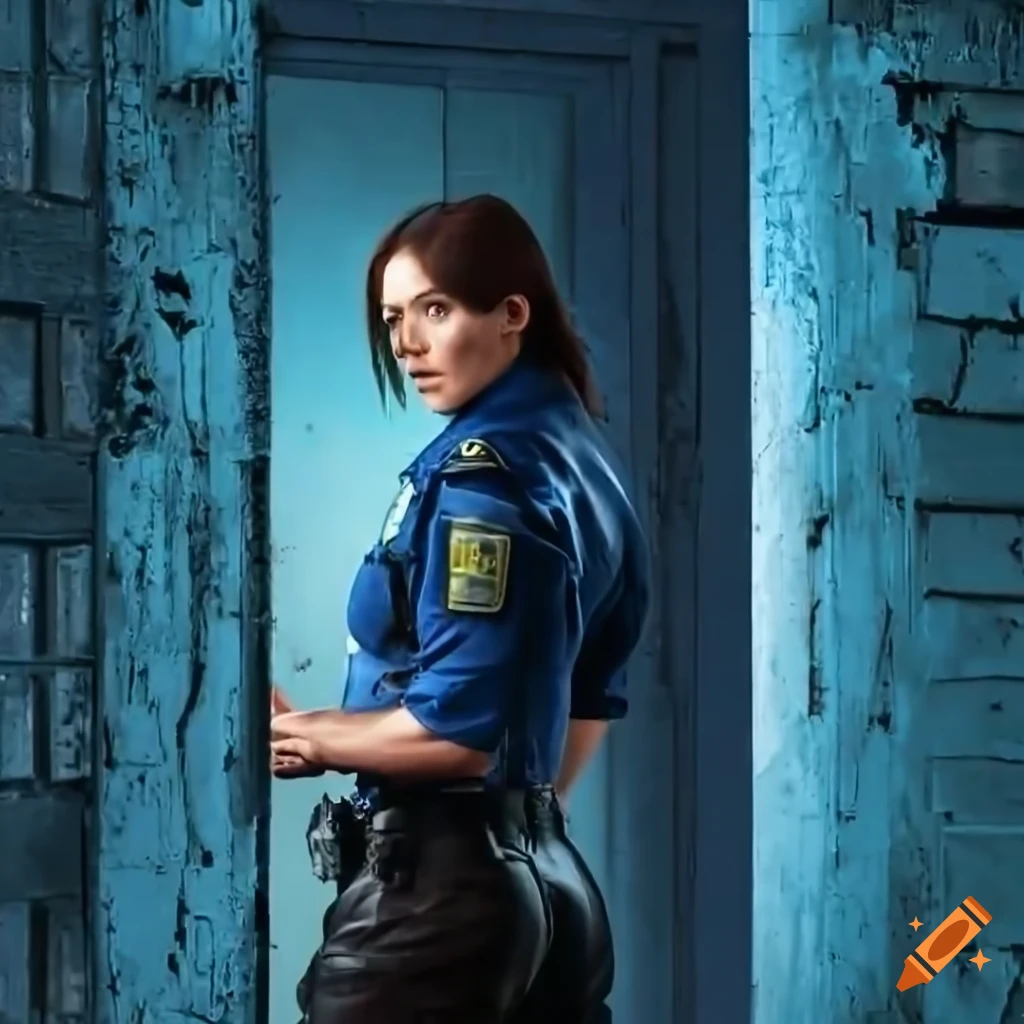 Close-up rear view of a police officer peeking through a door on Craiyon