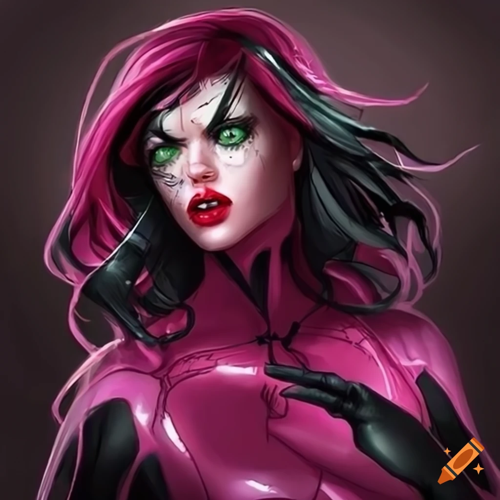 Pink widow spider-woman with black hair and green eyes
