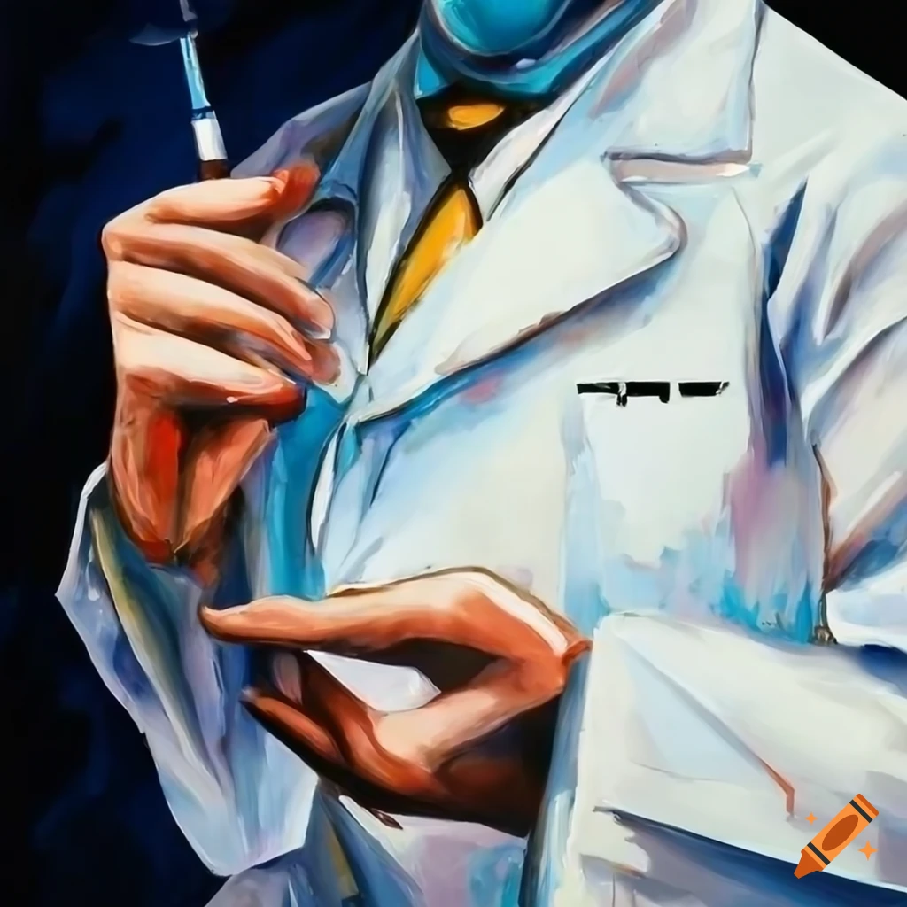 Painting of a male doctor holding a needle