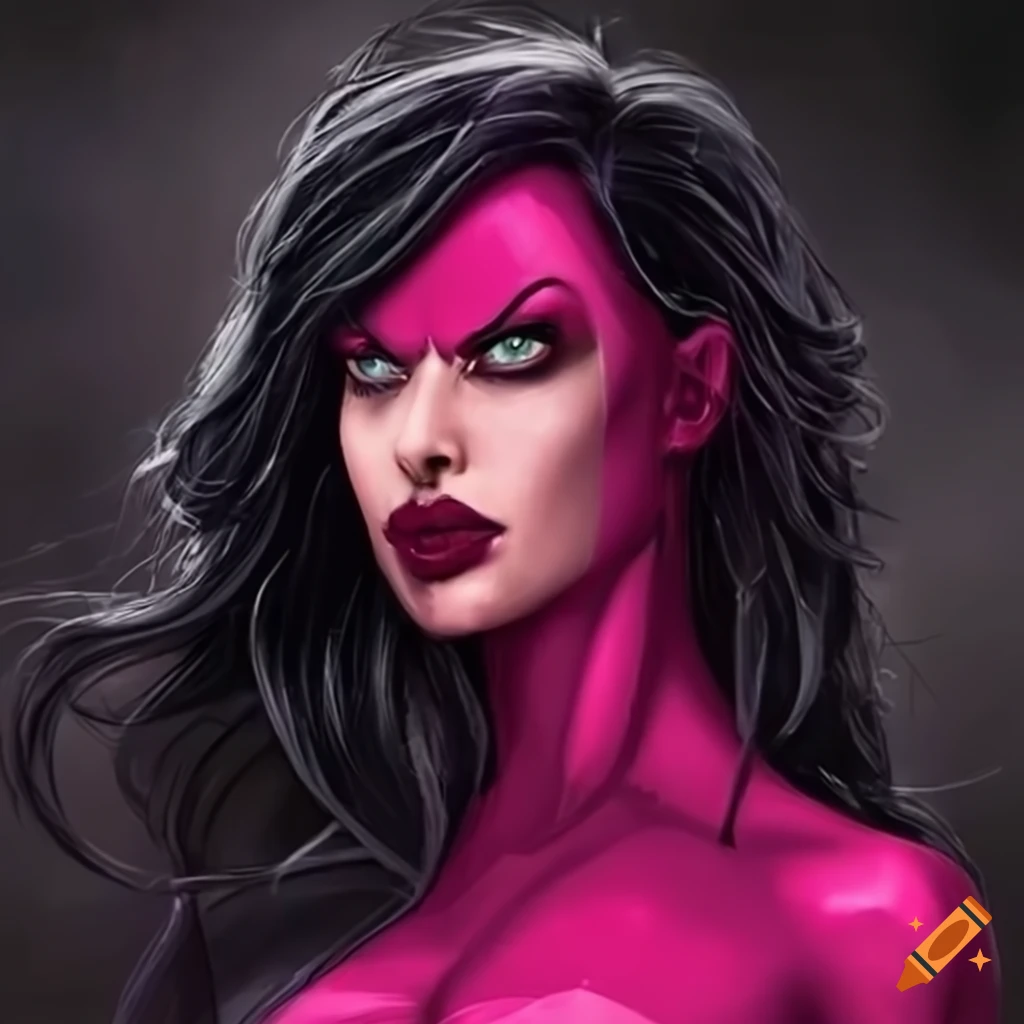 Close-up of a pink widow spider-woman with black hair and green eyes