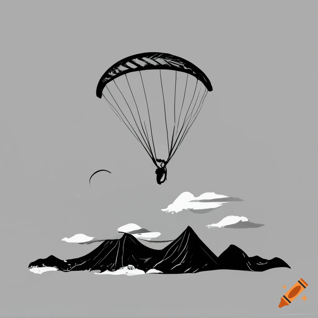 Black and white illustration of paragliders soaring above italian mountains
