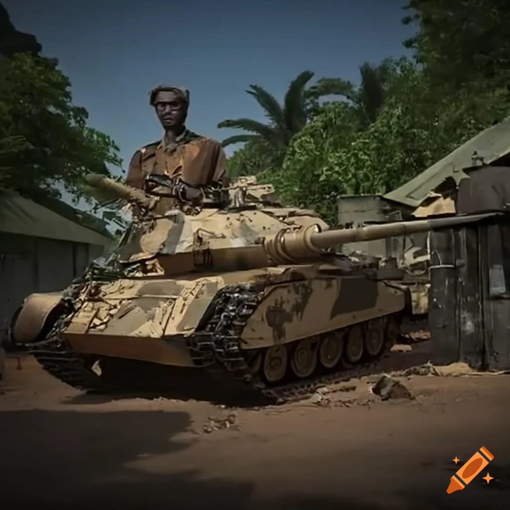 Scrap tanks and green flag in war in guinea-bissau on Craiyon