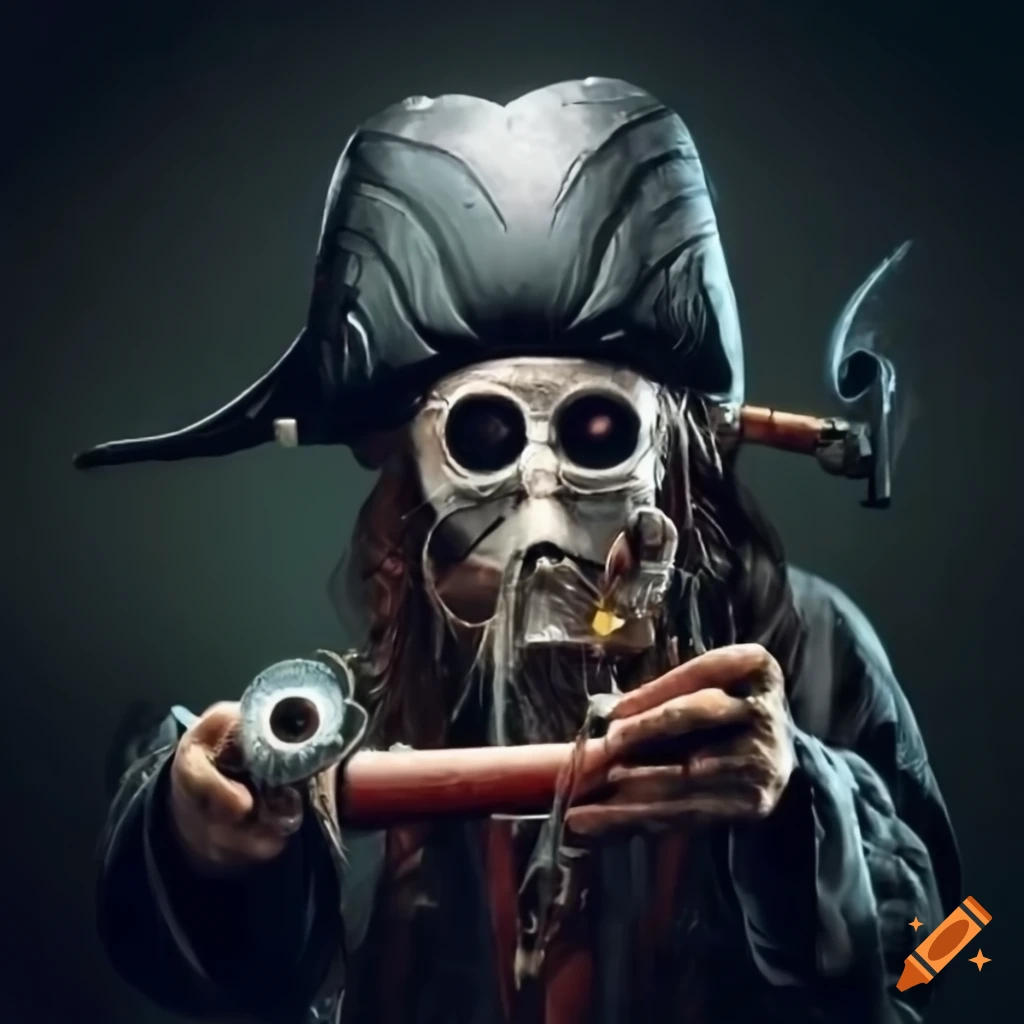 Photo of a pirate with robotic eyes smoking a pipe on Craiyon