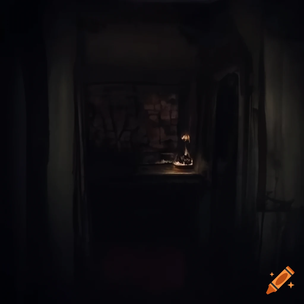 Dark cottage with a glimpse of light from another room