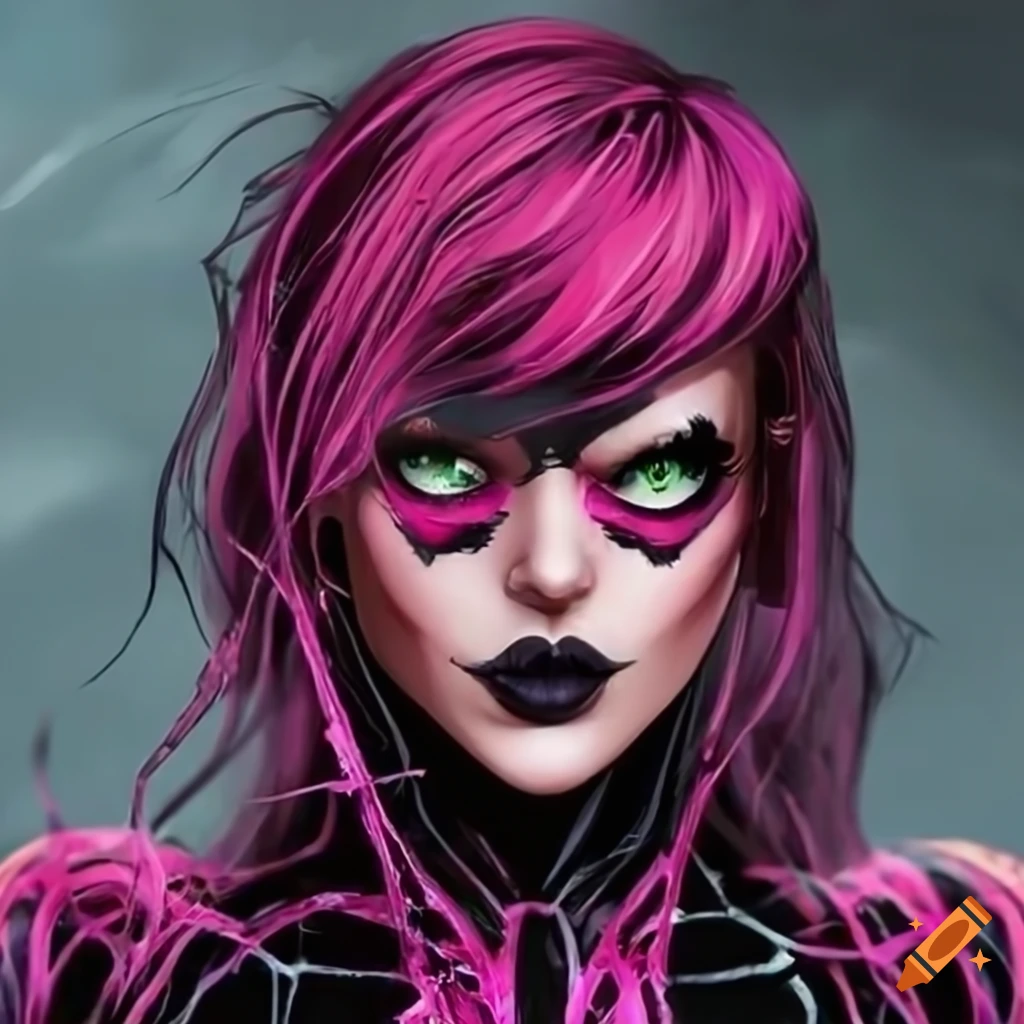 Image of a woman dressed as a pink widow spider