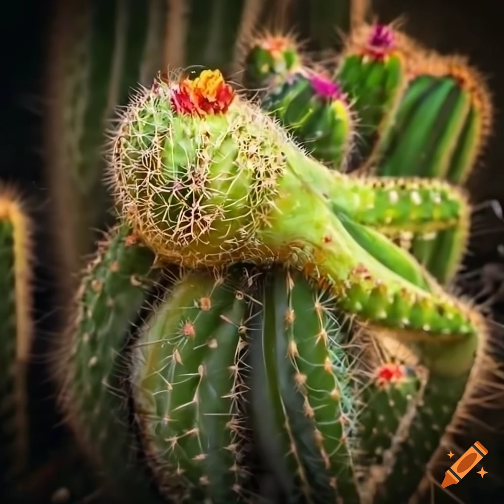Green octopus covered in cactus spines and flowers on Craiyon