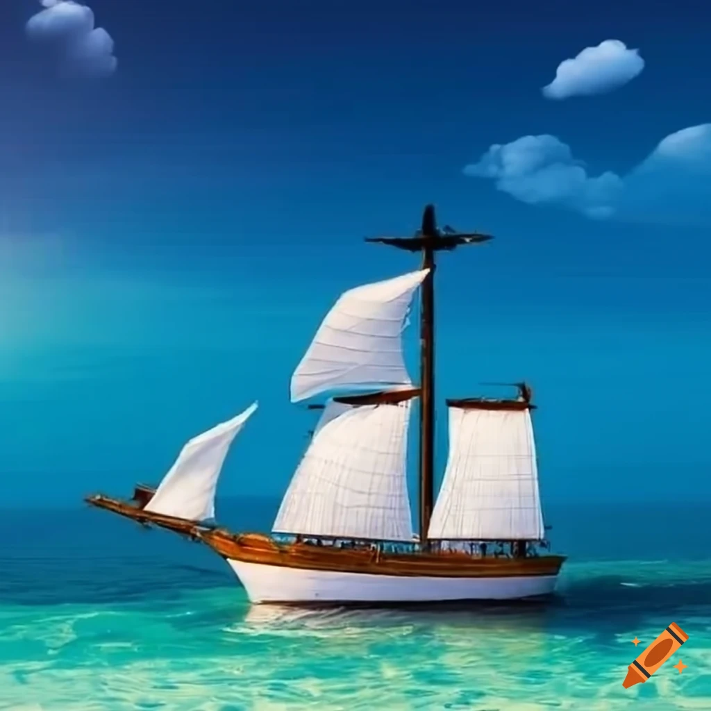 Sunny beach with a sparkling pirate ship on Craiyon