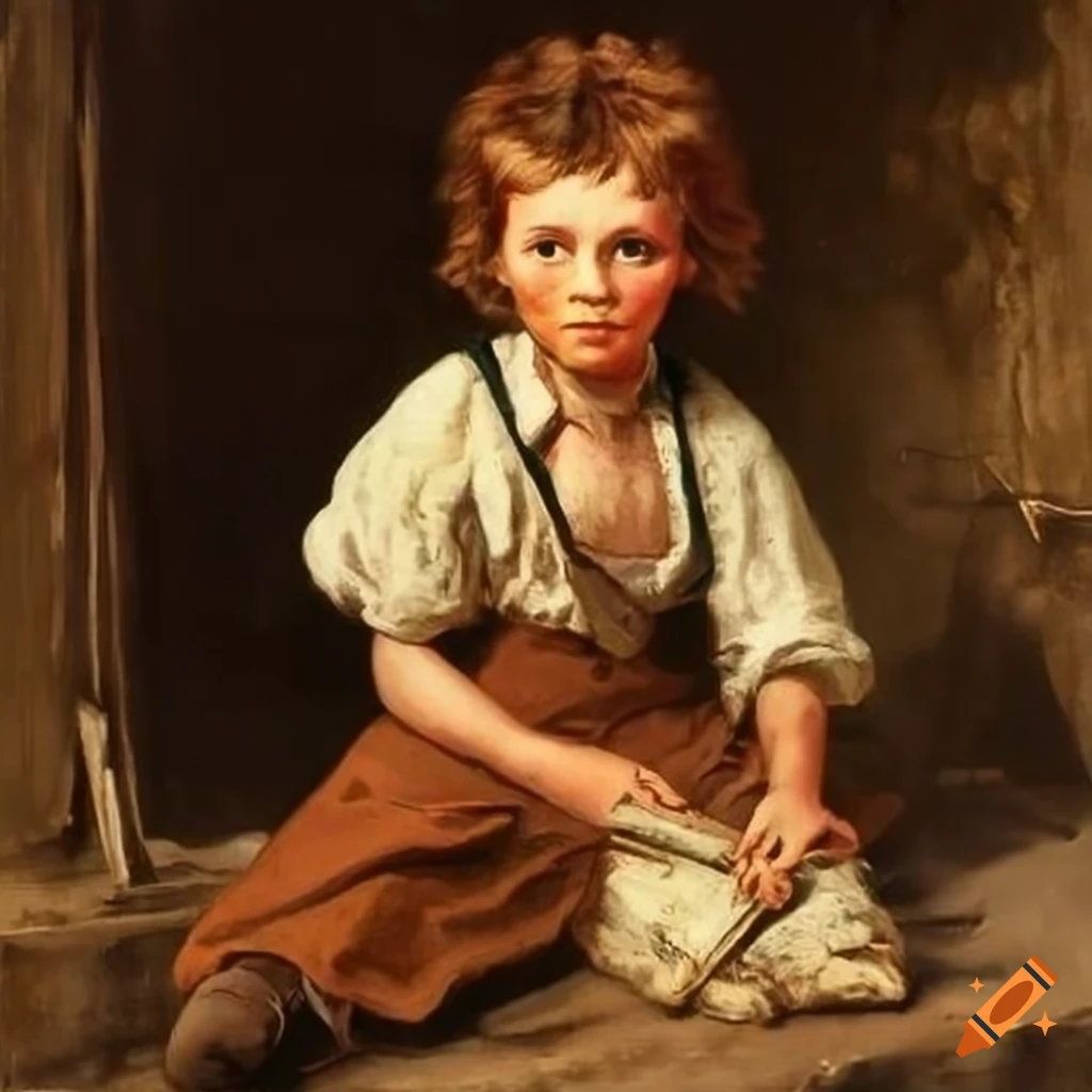 Two scared victorian children in a crowded workhouse setting on Craiyon