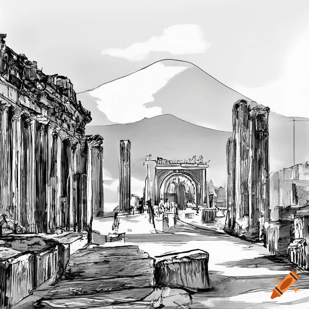 Realistic illustration of pompei with vesuvio in the background