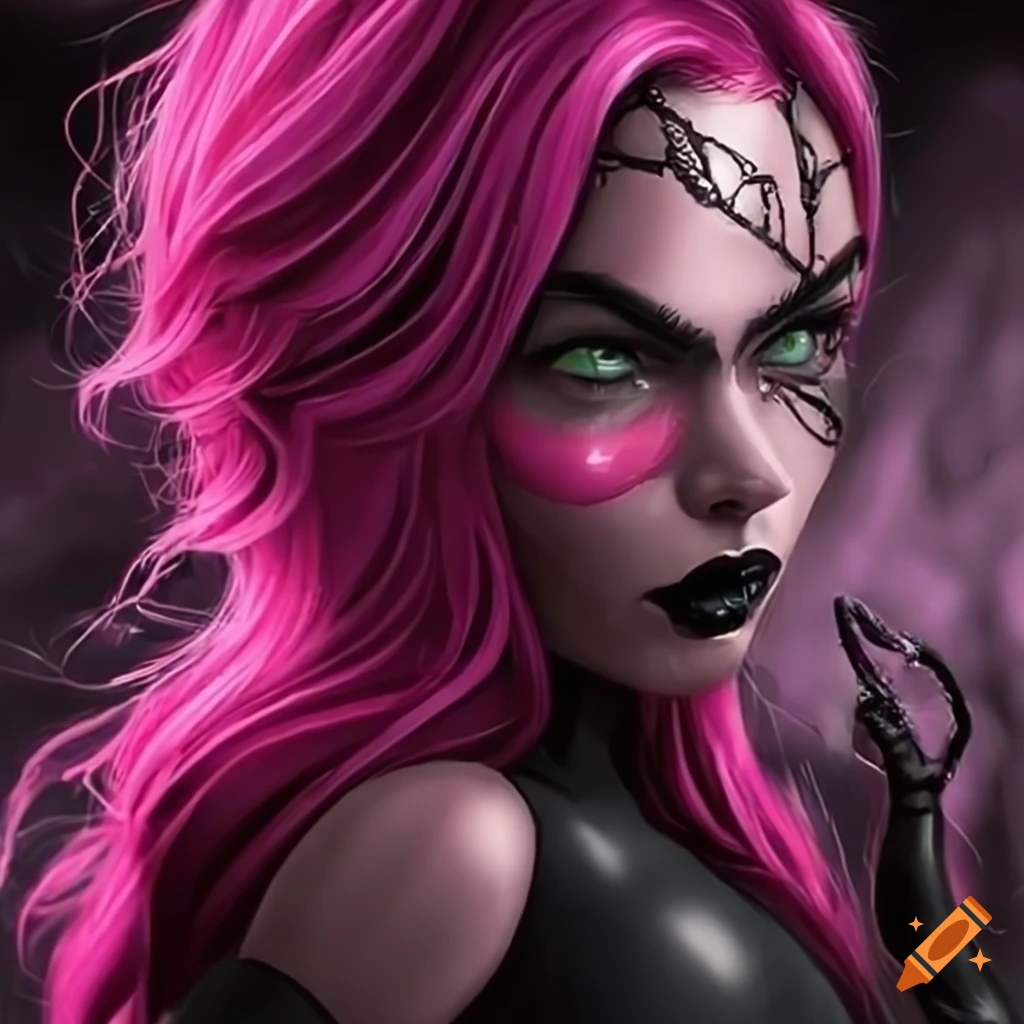Pink widow spider-woman with black hair and green eyes on Craiyon
