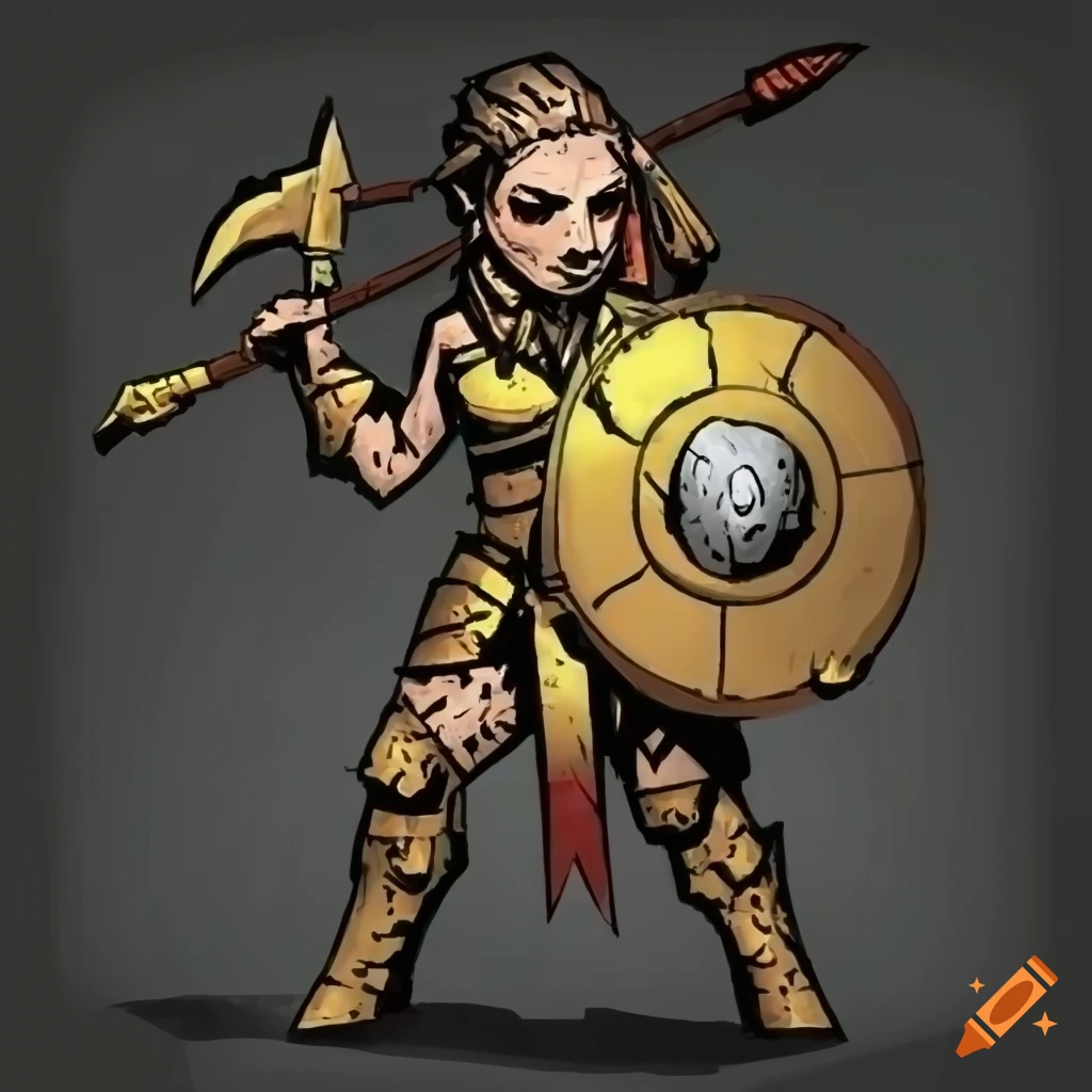 Fantasy artwork of armored warrior with spear and shield
