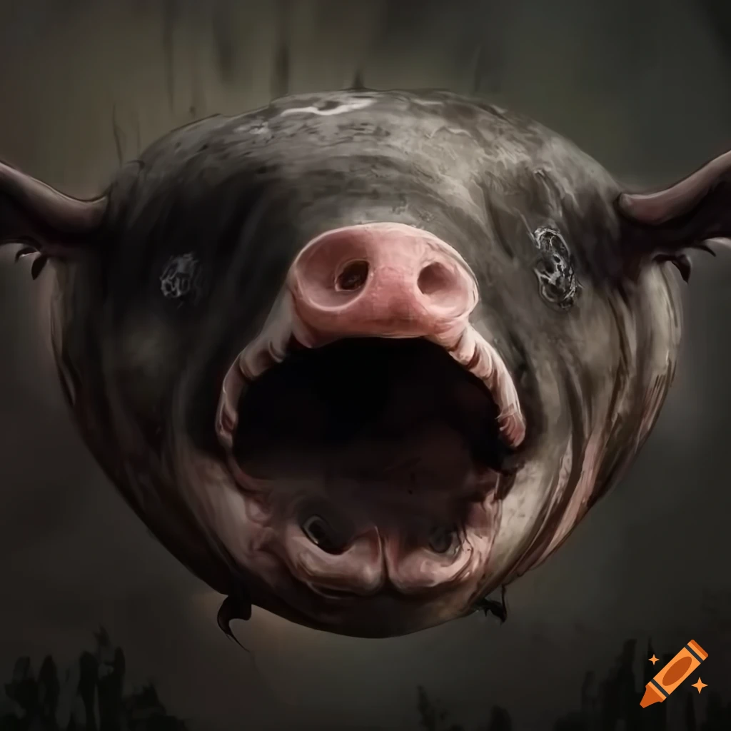 Gothic depiction of a flying whale with a pig face on Craiyon