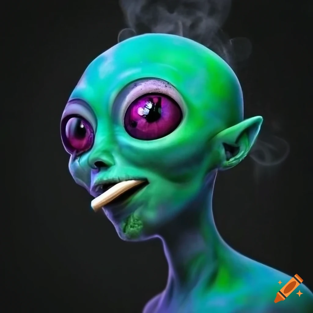 Humorous illustration of a hippy alien smoking on Craiyon