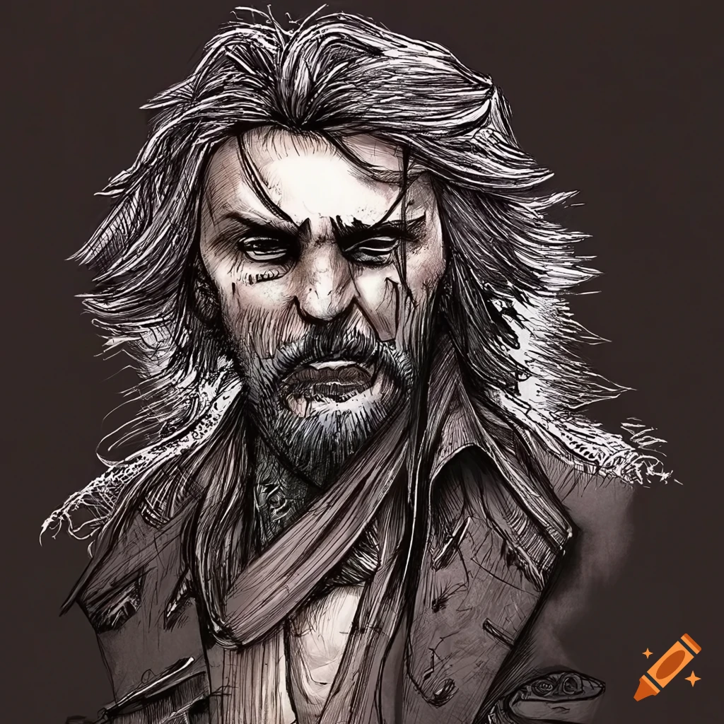Ink drawing of a pirate with cyberpunk elements