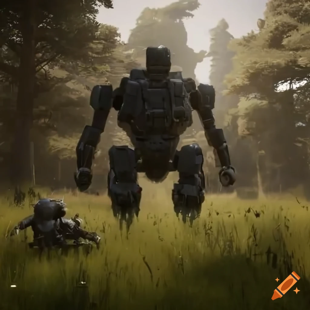 Sci-fi scene with american soldiers and a mech robot on a grassland ...