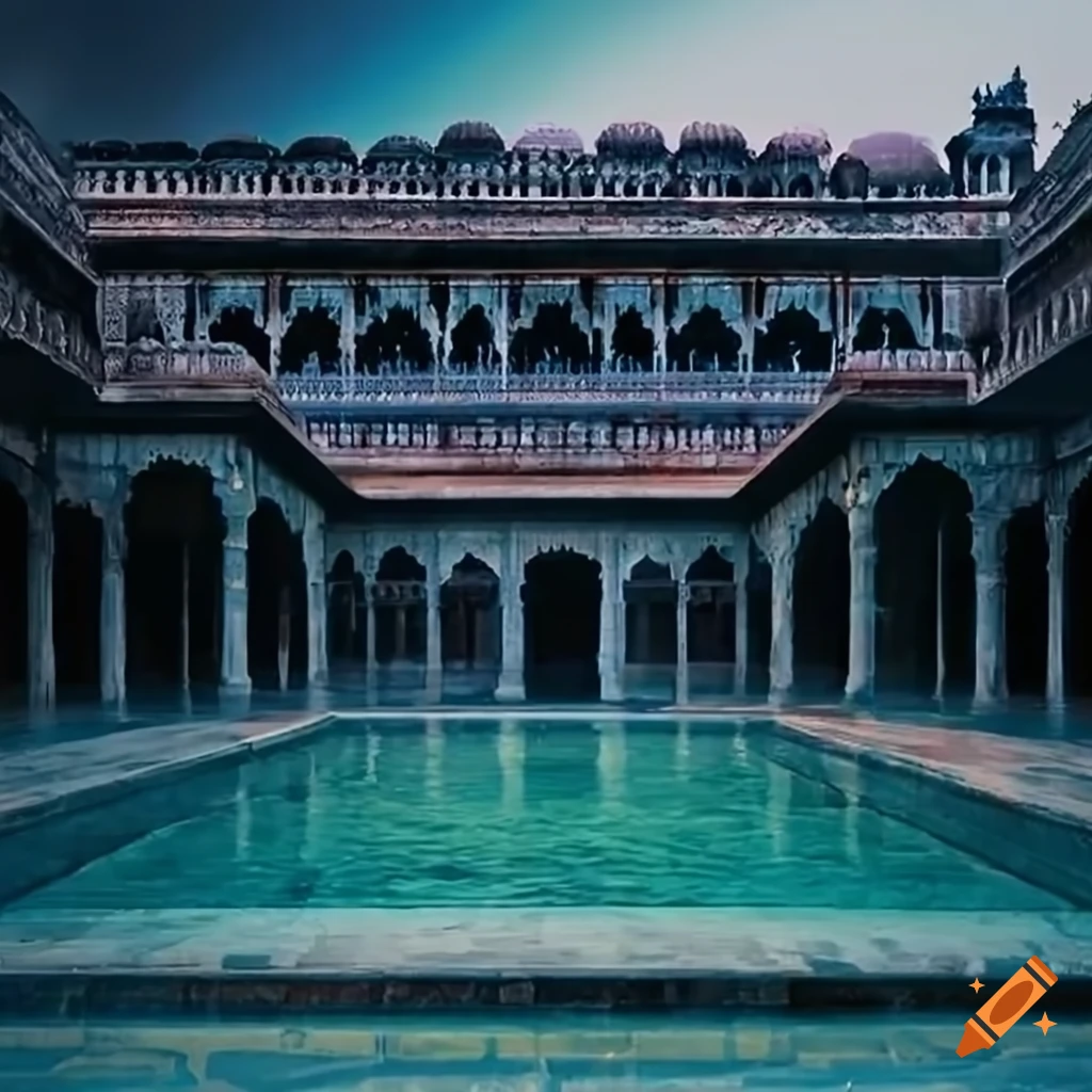 White marble hot pool in Indian palace courtyard on Craiyon