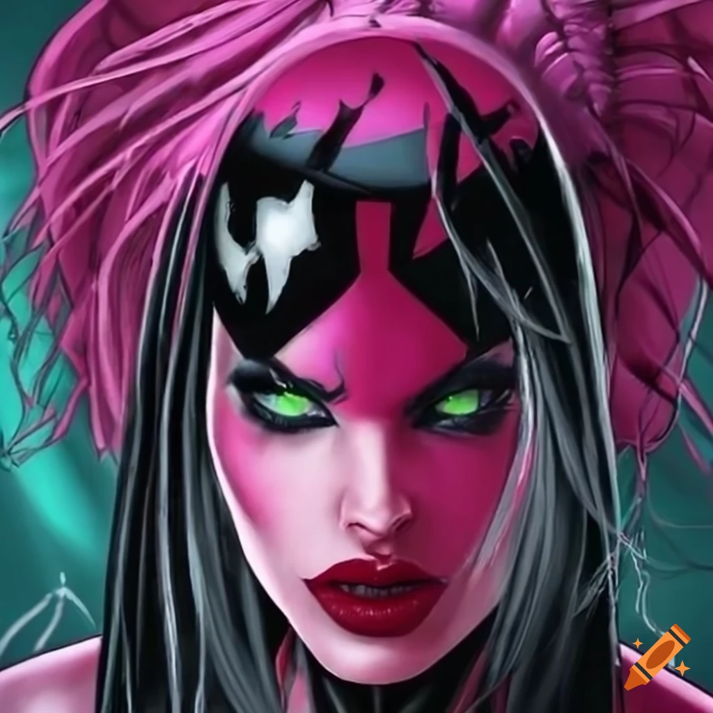 Illustration of a pink widow spider-woman with black hair and green ...