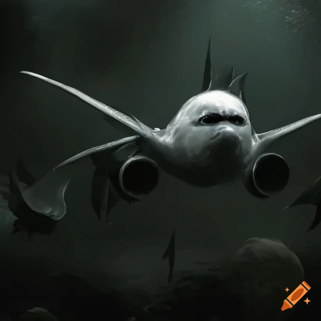Gothic artwork of an airplane sinking into an aquarium on Craiyon