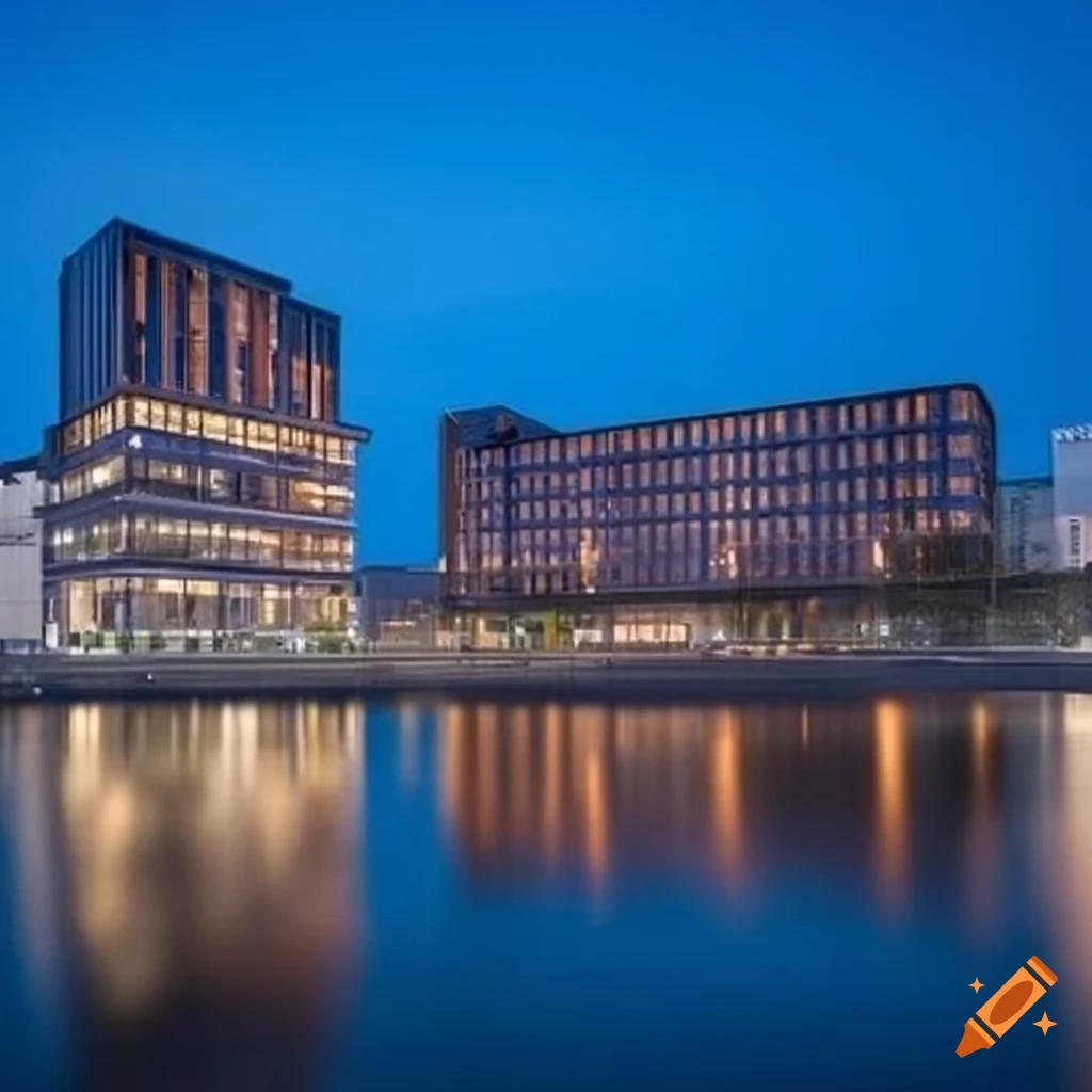 Modern nature brick and glass hotel by the Münsterhafen on Craiyon