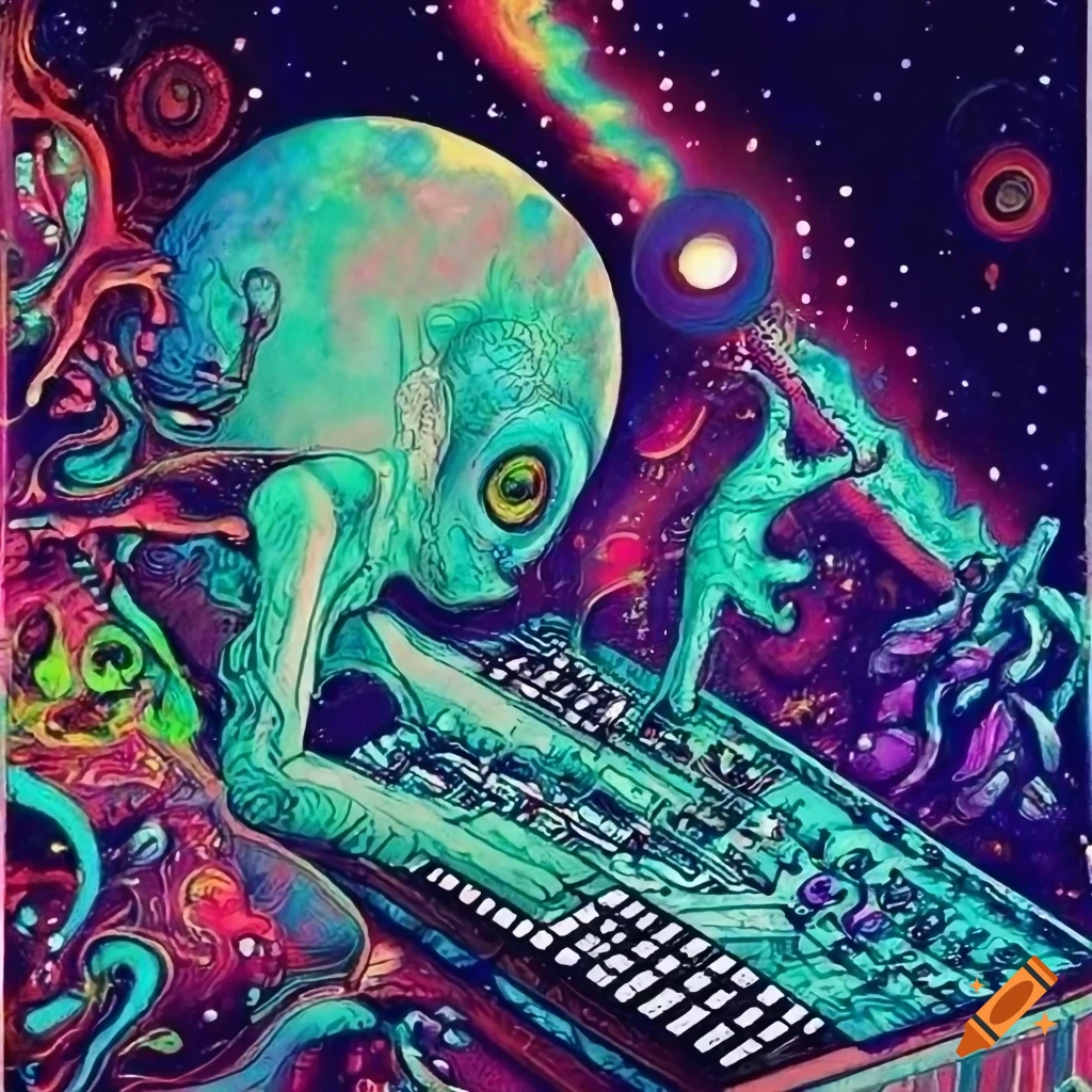 Vintage fantasy cover art of an alien playing a synthesizer on Craiyon