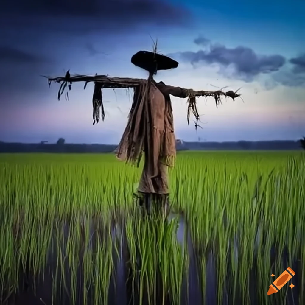 Scarecrow in a deserted rice paddy on Craiyon