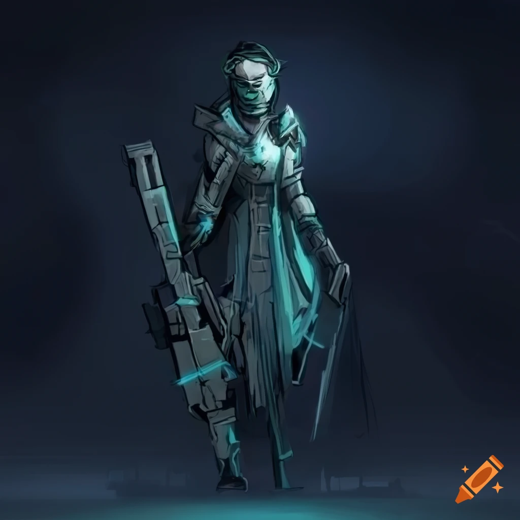 Mysterious robed figure in a bustling spaceport on Craiyon