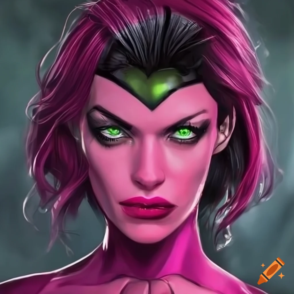 Image of a pink widow spider-woman with black hair and green eyes