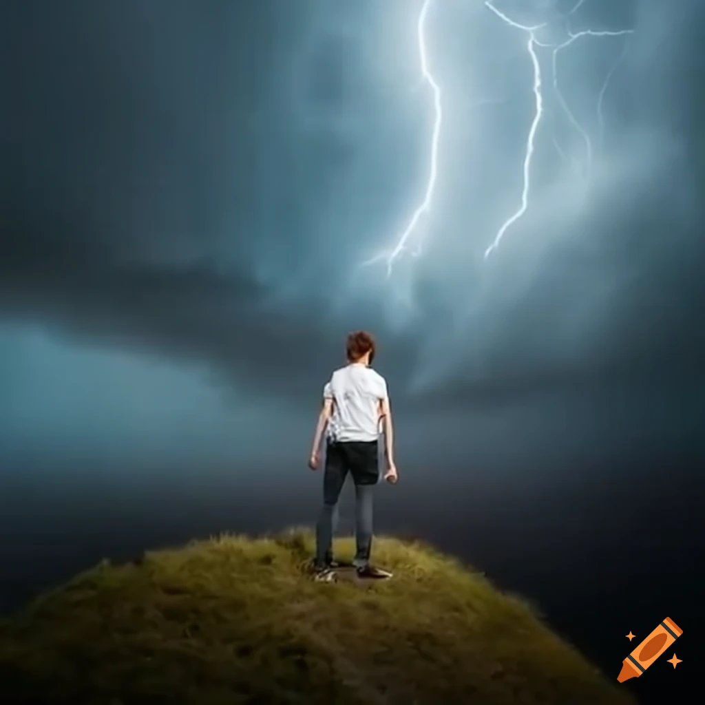Brave teenager standing on a hill during a storm on Craiyon