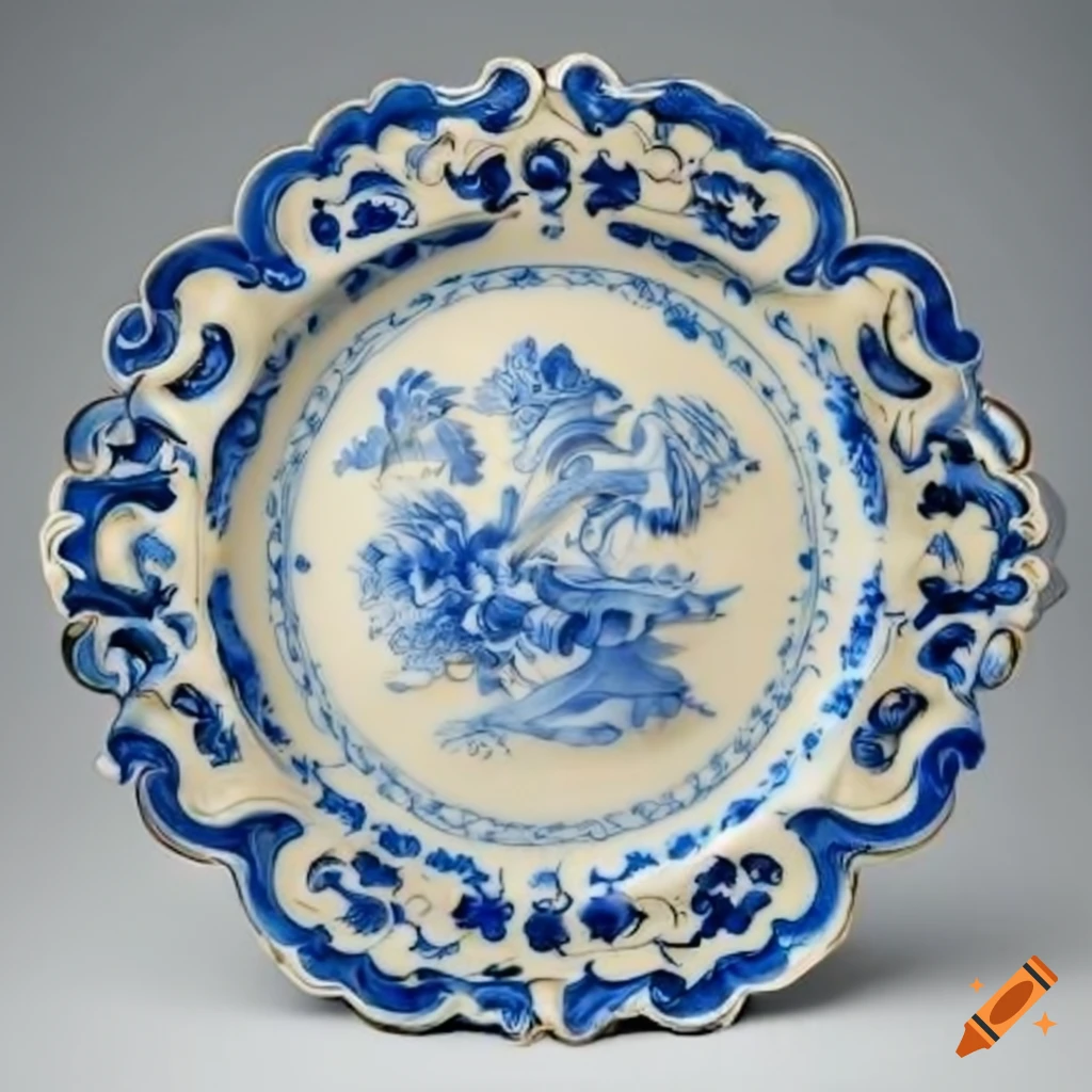 White and blue rococo plate with relief design on Craiyon
