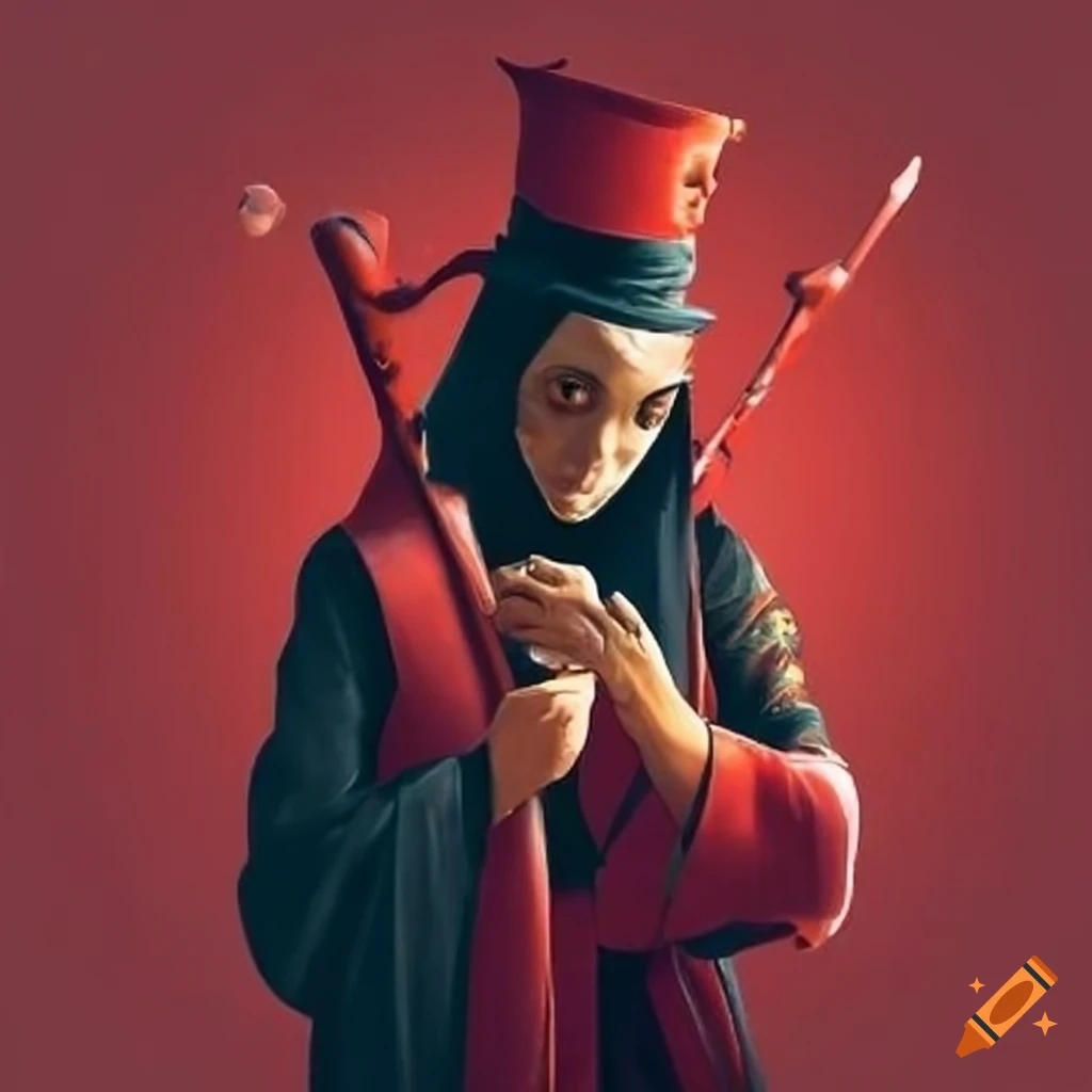 Masked figure in a robe adorned with charms and relics on Craiyon