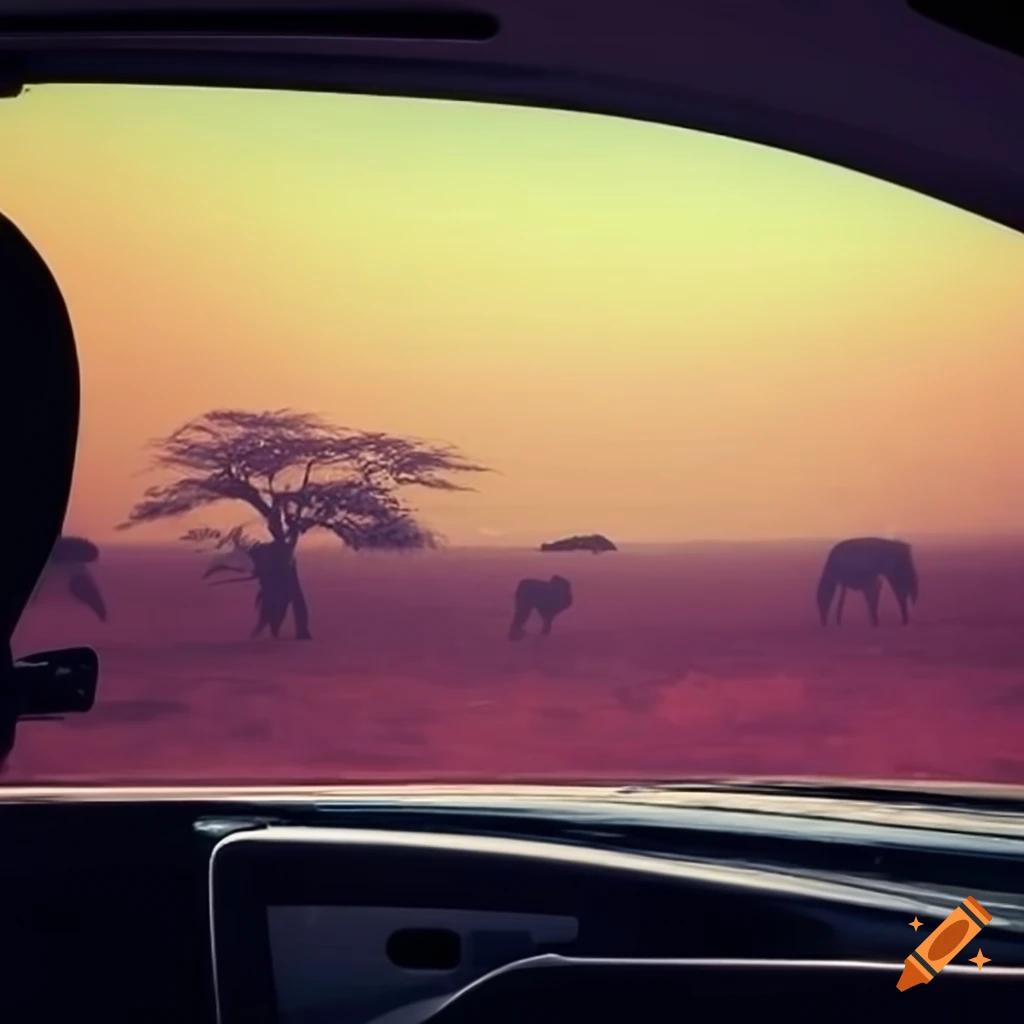 Tinted car window reflecting African savanna with elephants, giraffes ...