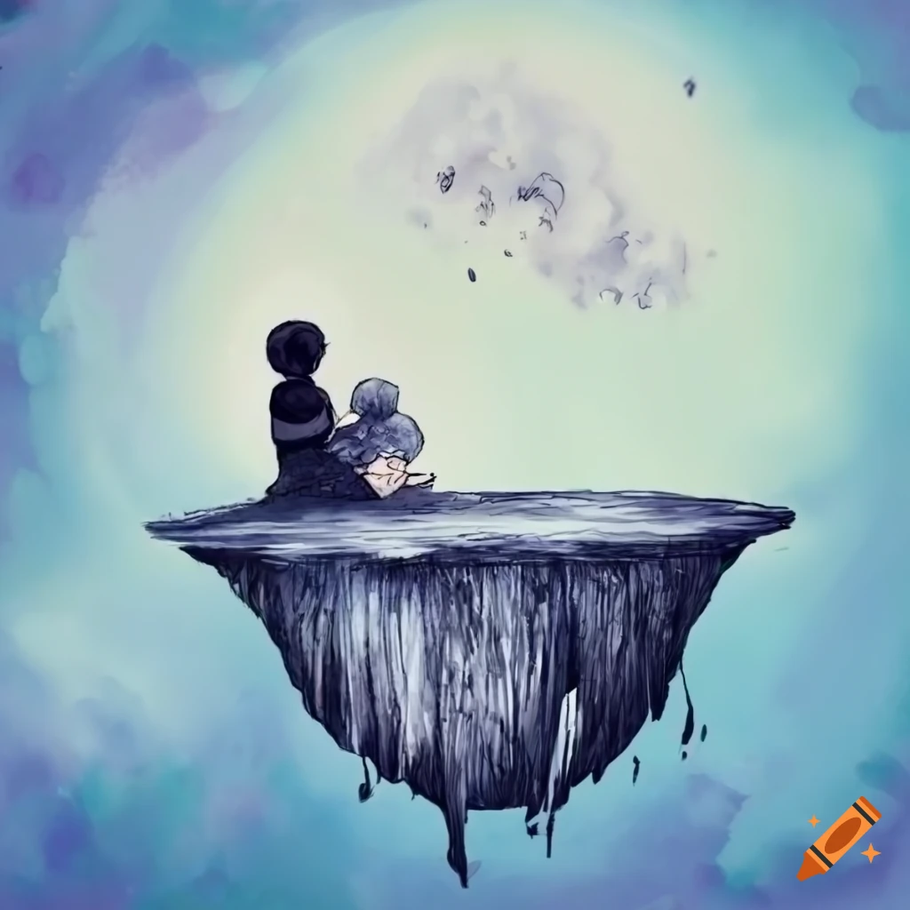 Illustration of a child crying on a floating island on Craiyon