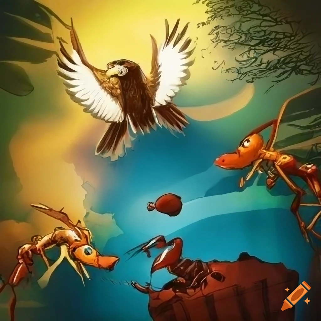 Cover page of a book featuring an eagle and an ant on Craiyon