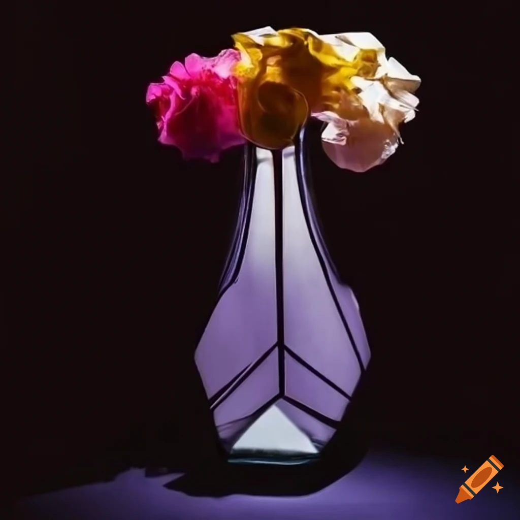 Dramatic lighting on a cubist glass vase on Craiyon