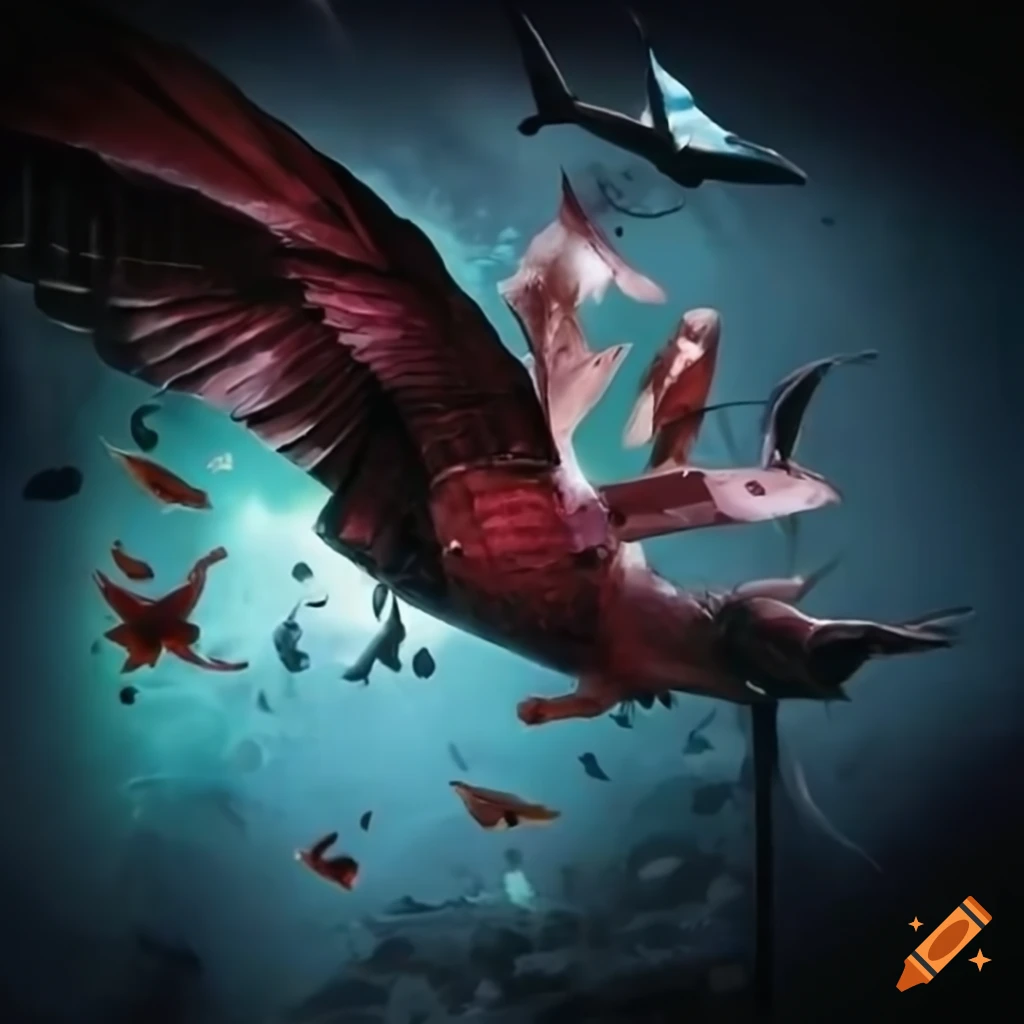 Gothic artwork of an airplane sinking into an aquarium